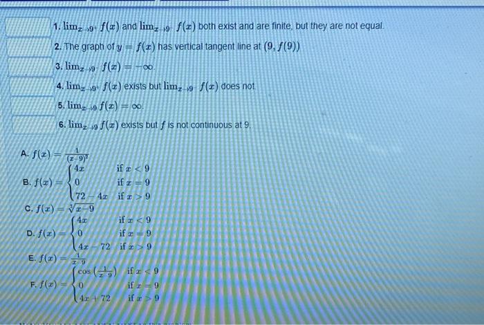 Solved 1. lim2→9f(x) and limx→9f(x) both exist and are | Chegg.com