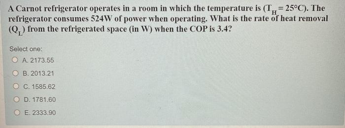 Solved A Carnot refrigerator operates in a room in which the | Chegg.com