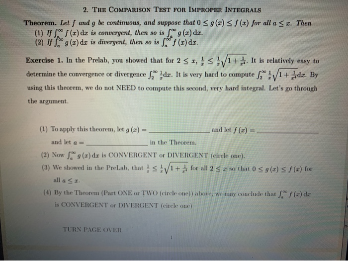 Solved 2. THE COMPARISON TEST FOR IMPROPER INTEGRALS | Chegg.com