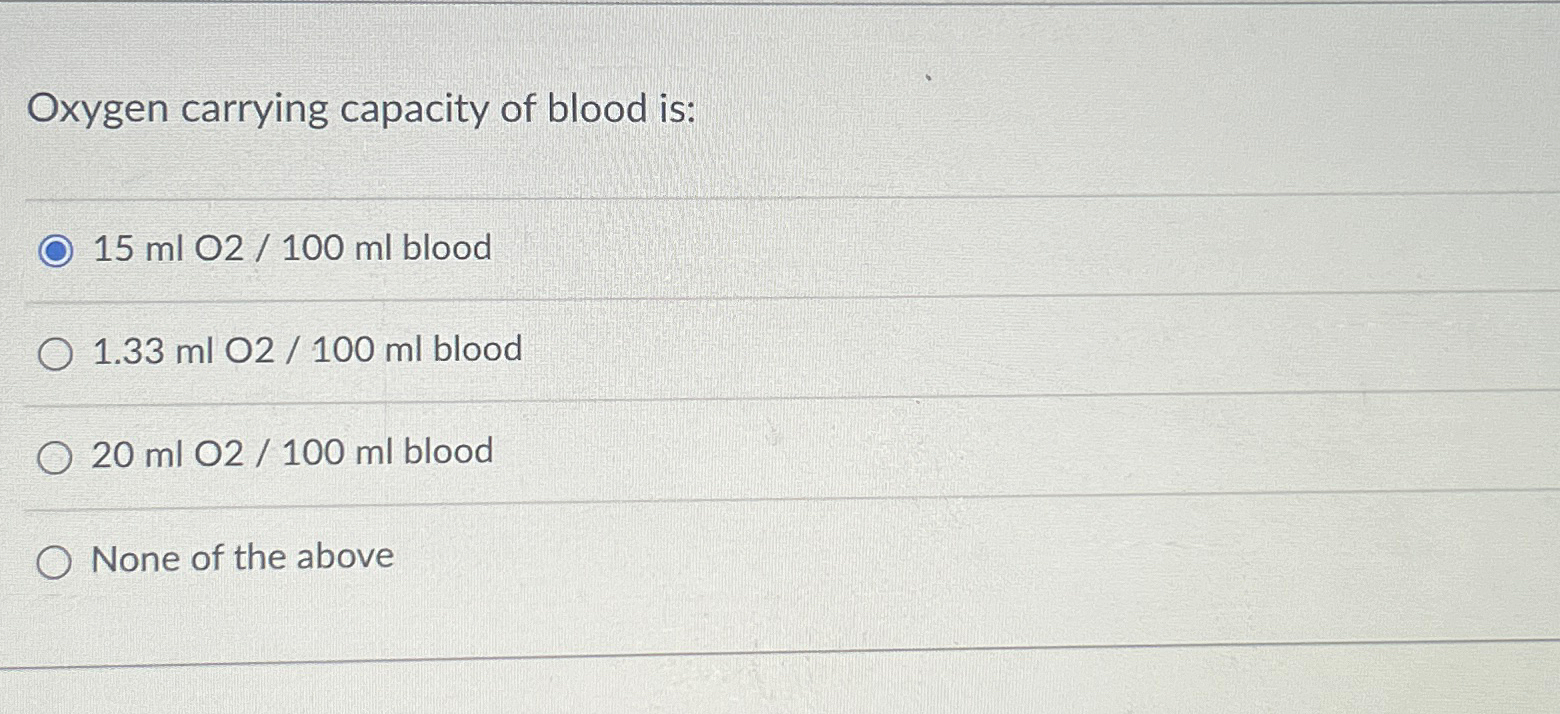Solved Oxygen carrying capacity of blood is:15ml02100ml | Chegg.com