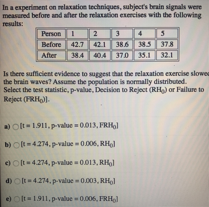 Solved In a experiment on relaxation techniques, subject's | Chegg.com
