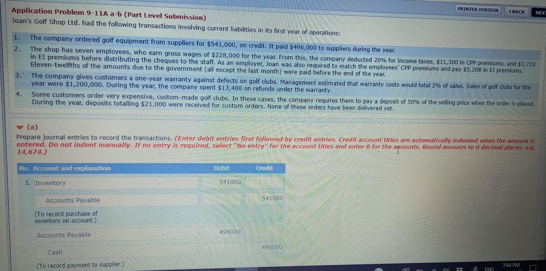 Solved PRINTER VERSION 4 BACK Application Problem 9-11A a-b | Chegg.com