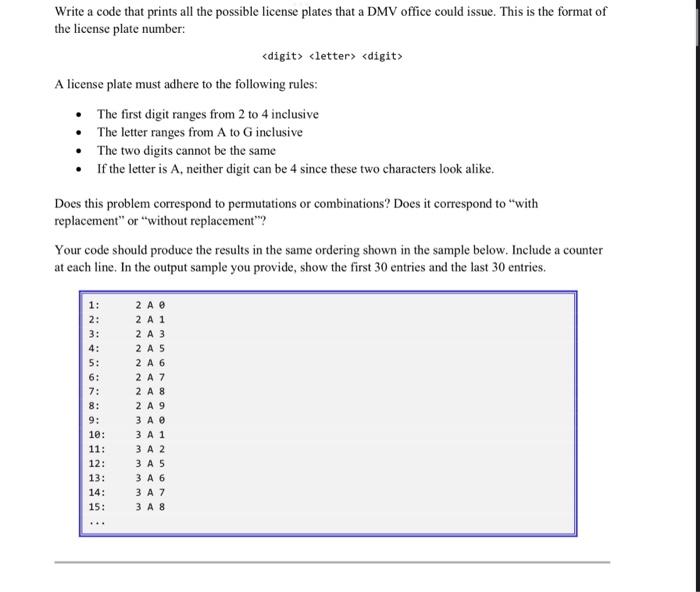 Solved Write a code that prints all the possible license | Chegg.com