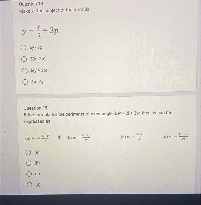 Question 14 Make x the subject of the formula y=5x+3p | Chegg.com