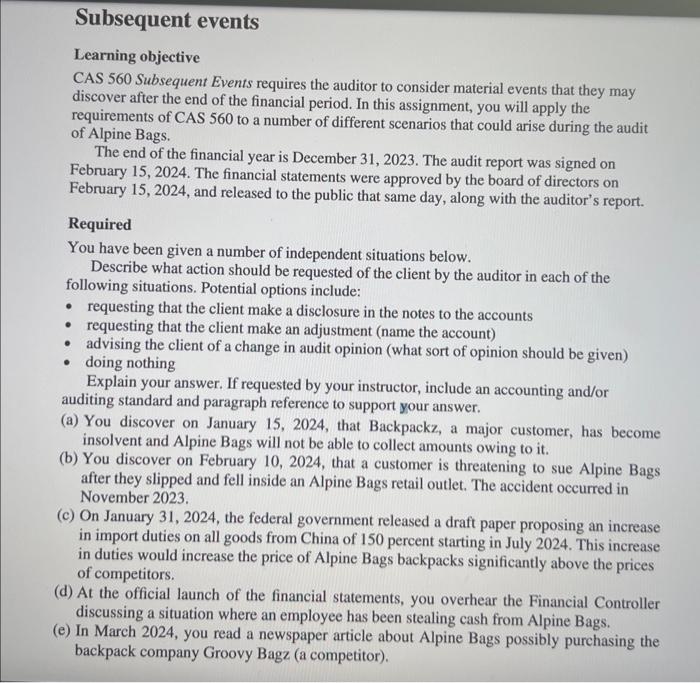 Solved Learning objective CAS 560 Subsequent Events requires | Chegg.com