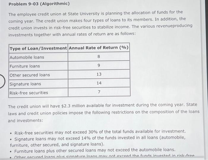 Solved Problem 9-03 (Algorithmic) The employee credit union | Chegg.com