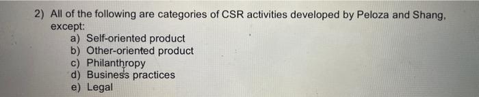 Solved 2) All of the following are categories of CSR | Chegg.com