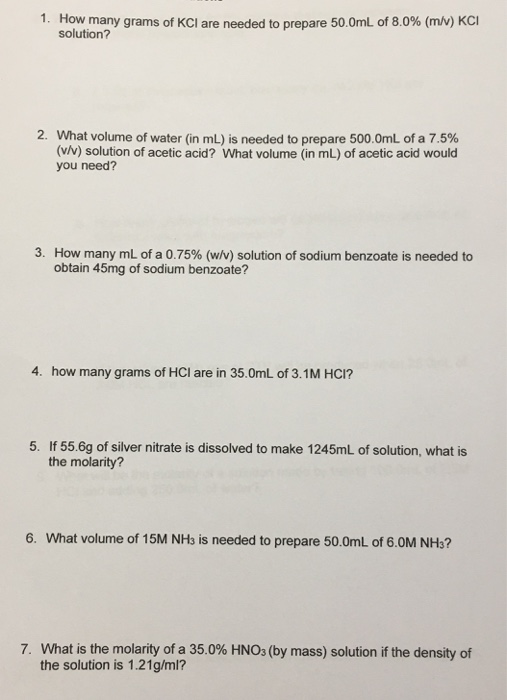 Solved 1. How many grams of KCl are needed to prepare 50.0mL | Chegg.com