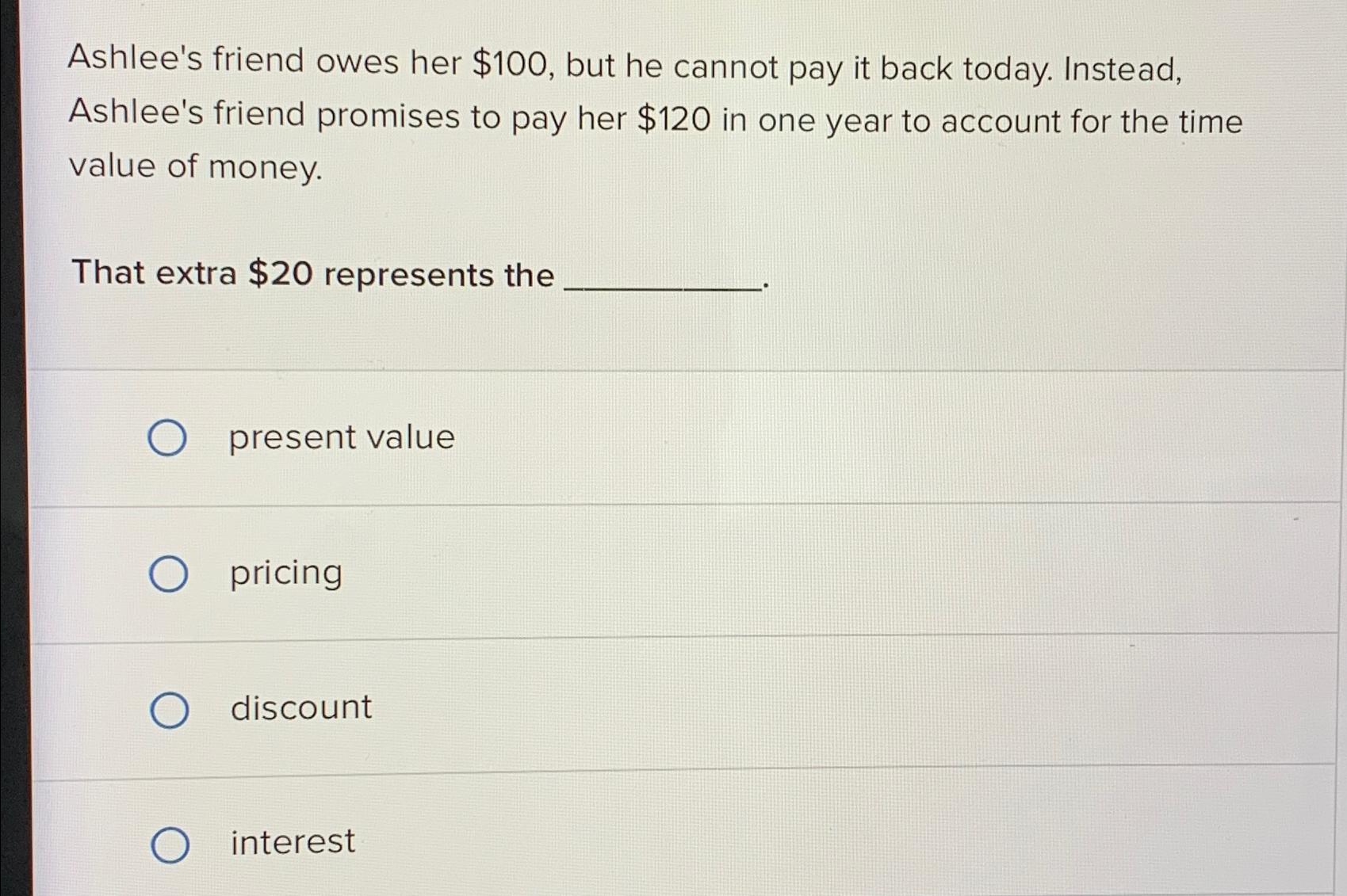 Solved Ashlee's friend owes her $100, ﻿but he cannot pay it | Chegg.com