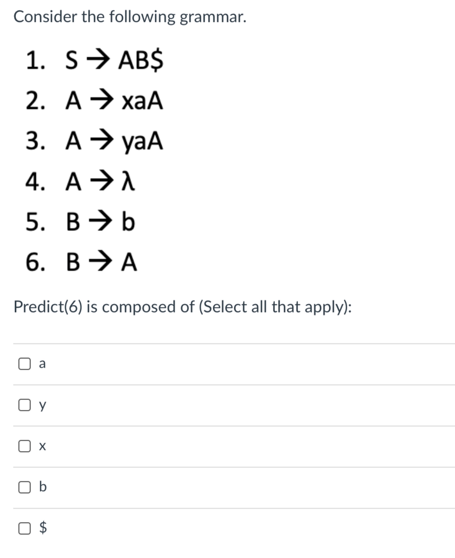 Solved Consider the following grammar.S→AB$A→xaAA→ | Chegg.com
