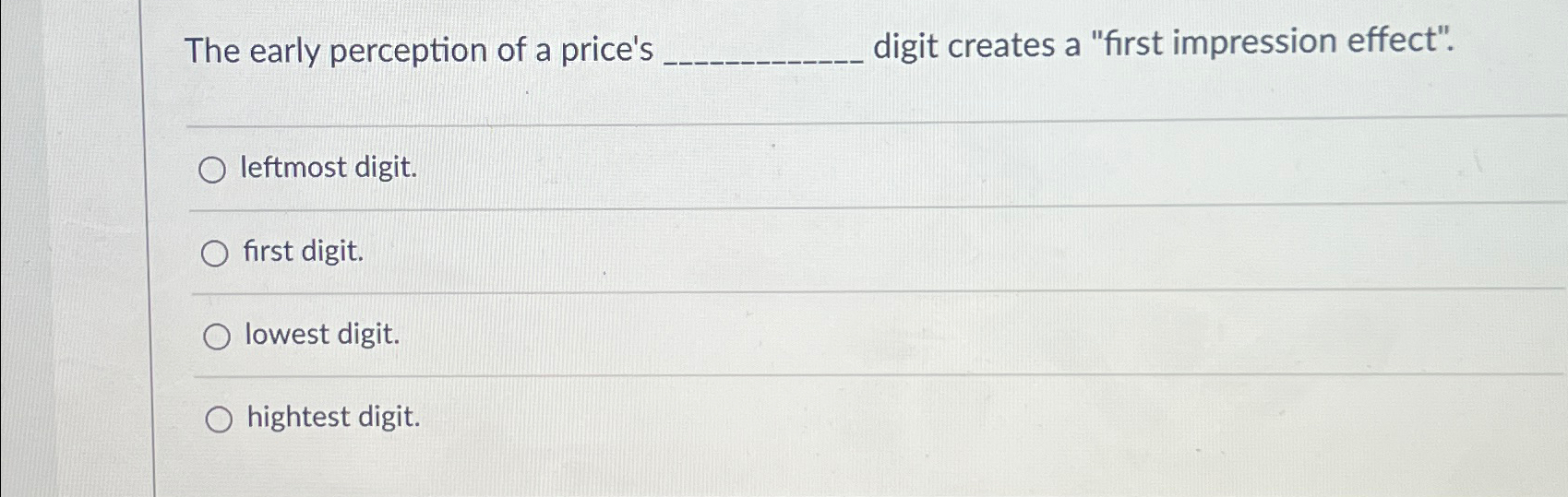 Solved The early perception of a price's digit creates a | Chegg.com
