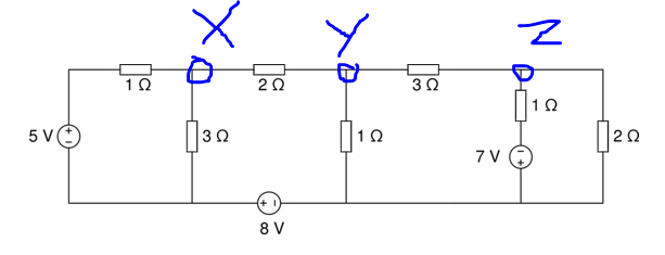 set up equations for 3 ﻿nodes xyz and solve using 3x3 | Chegg.com