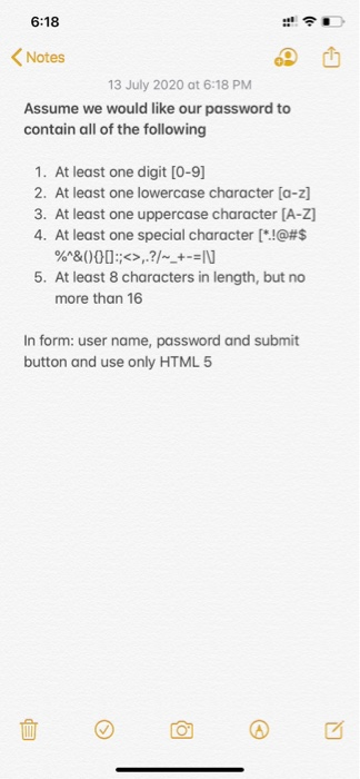 Solved 6:18 ,?/-_--=1 5. At least 8 characters in length, | Chegg.com