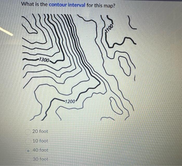 Solved What is the contour interval for this map? 20 foot 10 | Chegg.com