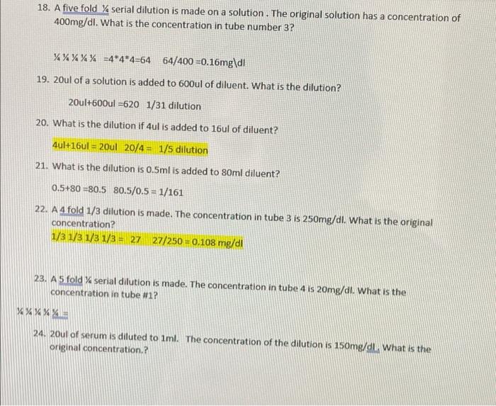 Solved 18. A five fold y serial dilution is made on a | Chegg.com