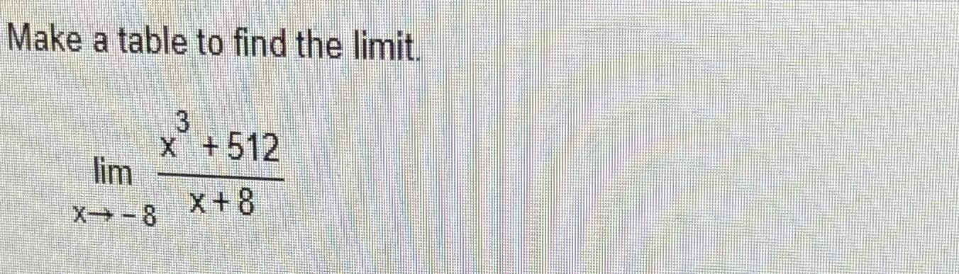 Solved Make a table to find the limit.limx→-8x3+512x+8 | Chegg.com