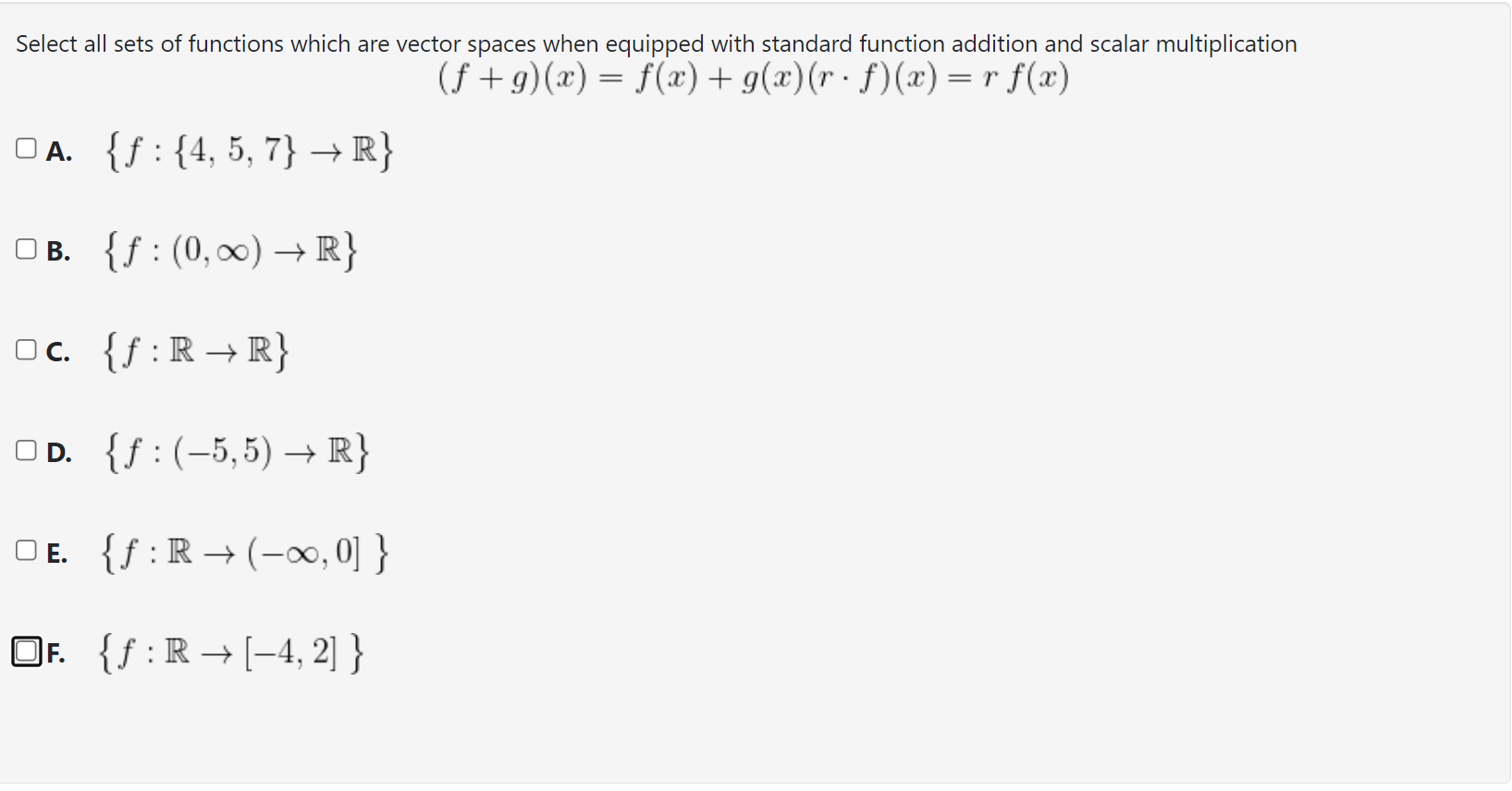 Solved Select all sets of functions which are vector spaces | Chegg.com