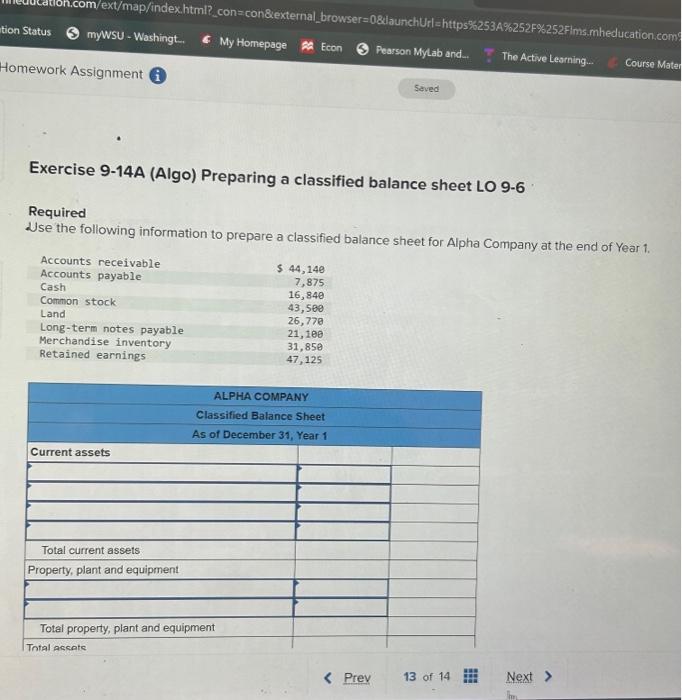 Solved Exercise 9-14A (Algo) Preparing a classified balance | Chegg.com