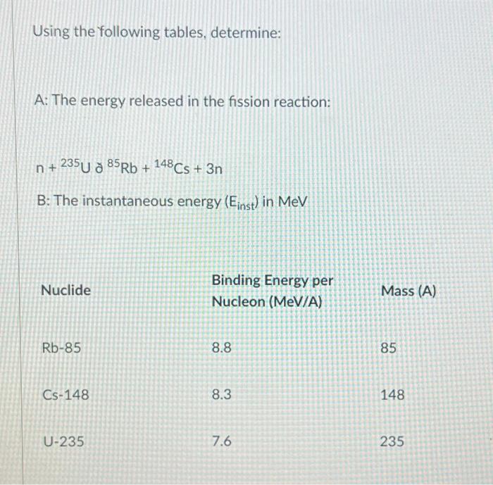 Solved Using the following tables, determine: A: The energy | Chegg.com