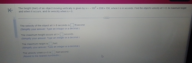 Solved The height (feet) ﻿of an object moving vertically is | Chegg.com