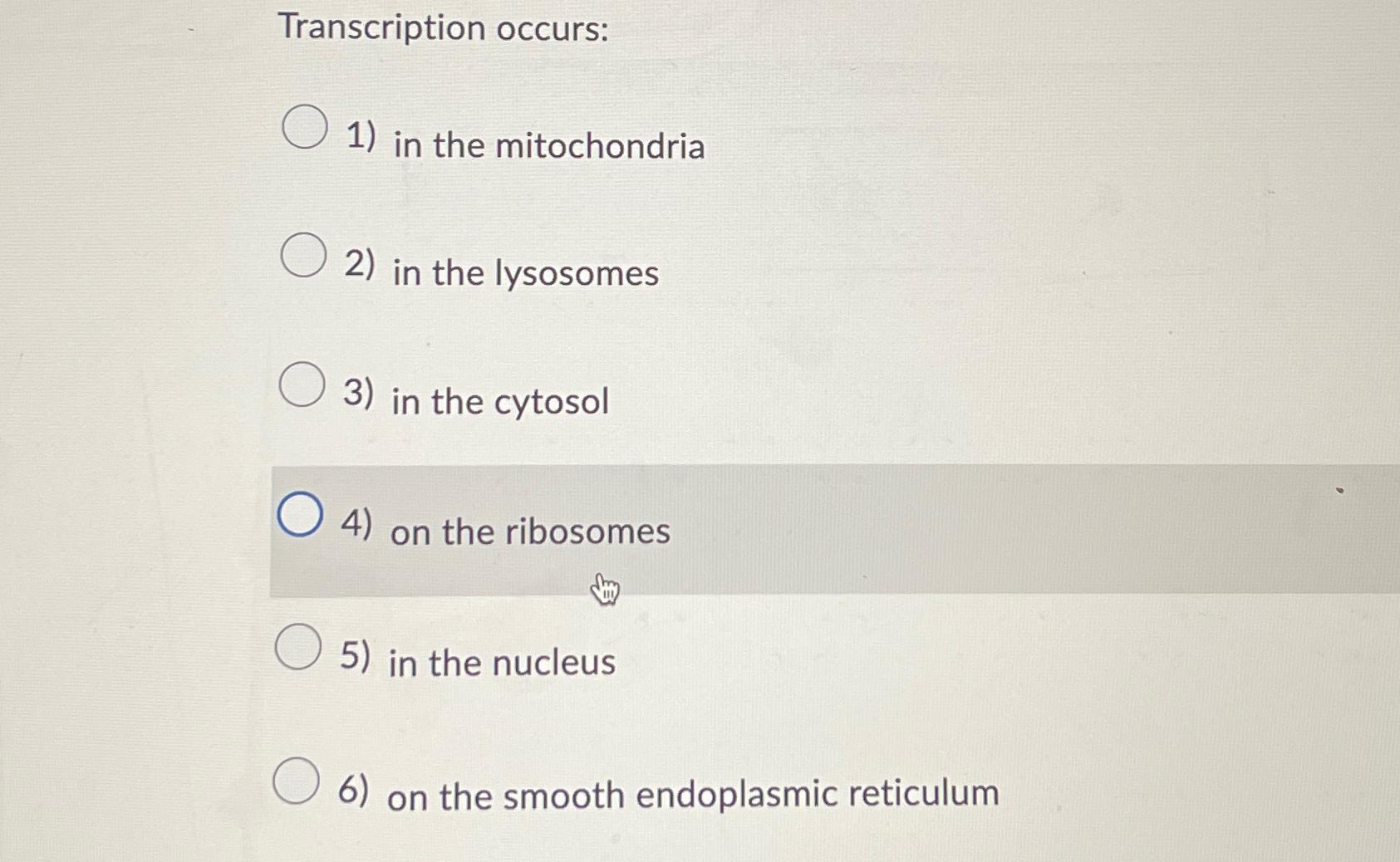 Solved Transcription occurs:in the mitochondriain the | Chegg.com