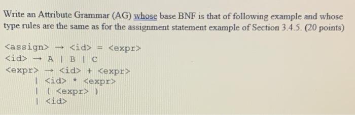Solved Write an Attribute Grammar (AG) whose base BNF is | Chegg.com