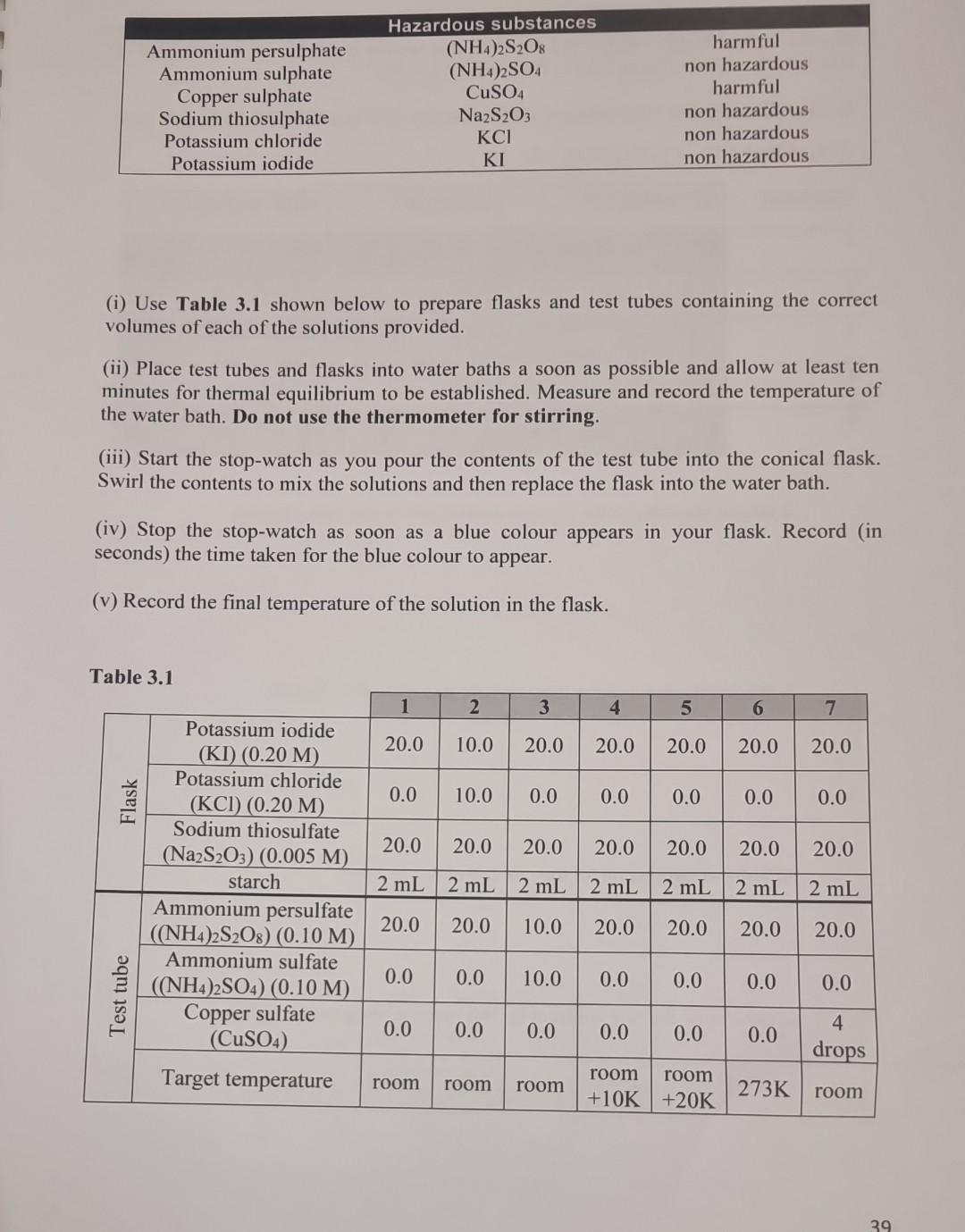(i) Use Table 3.1 shown below to prepare flasks and | Chegg.com