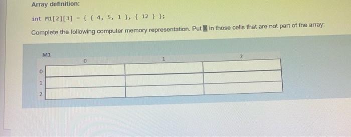 Solved Array definition: int M1[2][3]={{4,5,1},{12}} | Chegg.com