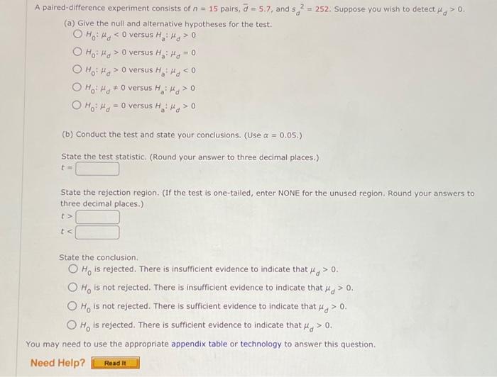 Solved paired-difference experiment consists of n=15 pairs, | Chegg.com