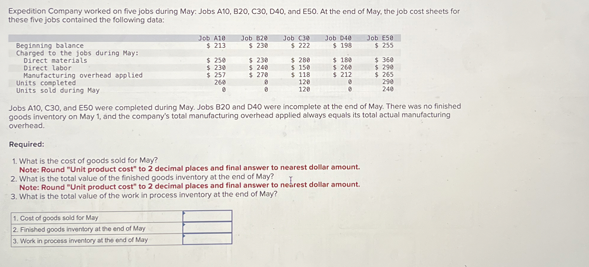 Solved Expedition Company worked on five jobs during May: | Chegg.com