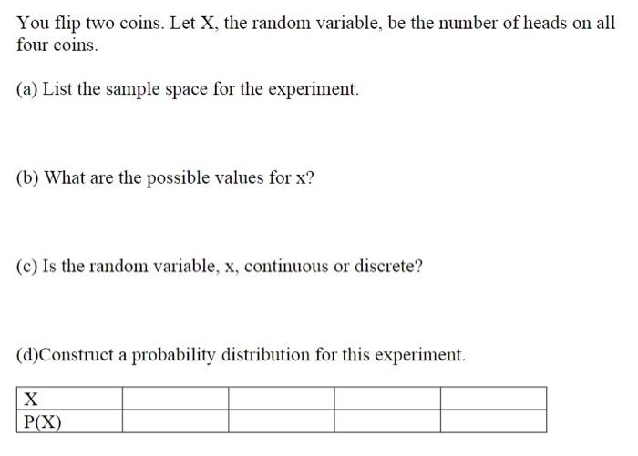 Solved You flip two coins. Let X, the random variable, be | Chegg.com