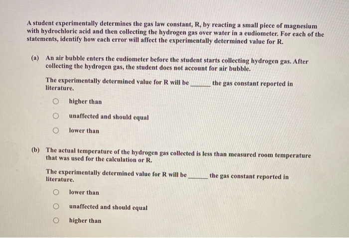 Solved A student experimentally determines the gas law | Chegg.com