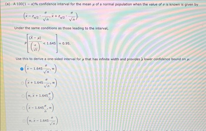 Solved A 100(1−α)% confidence interval for the mean μ of a | Chegg.com