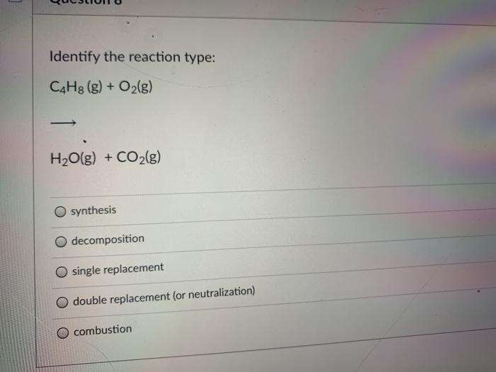 Solved Identify the reaction type: C4H8 (g) + O2(g) H2O(g) + | Chegg.com