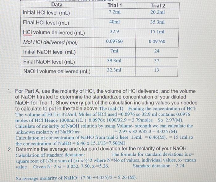 Solved 1. For Part A, use the molarity of HCl, the volume of | Chegg.com