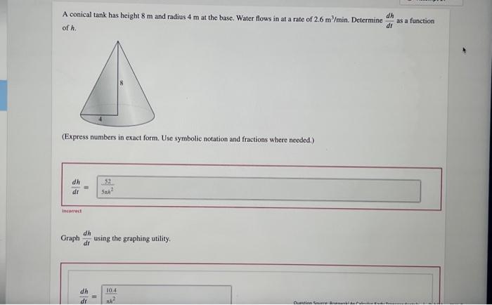 Solved A conical tank has height 8 m and radius 4 m at the | Chegg.com