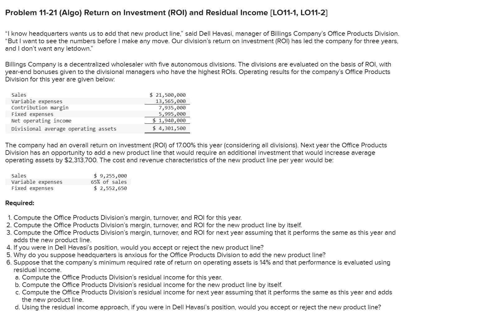 Solved Problem 11-21 (Algo) ﻿Return on Investment (ROI) ﻿and | Chegg.com