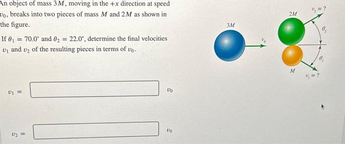 Solved An object of mass 3M, moving in the +x direction at | Chegg.com