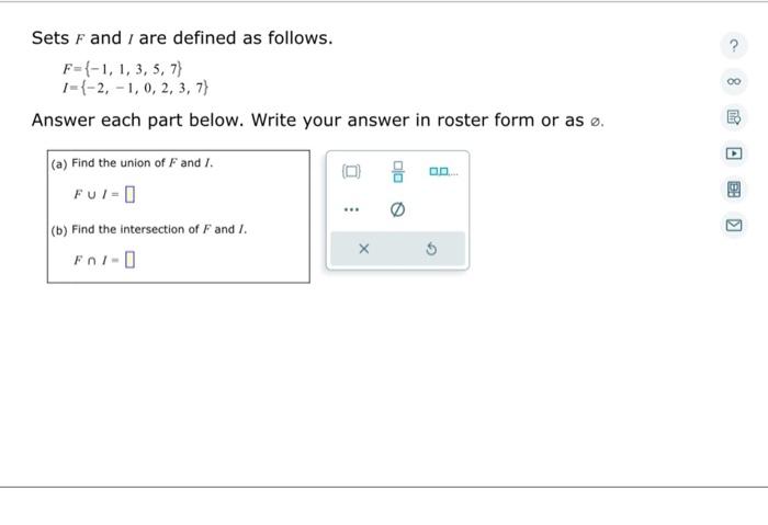 Solved Sets F and I are defined as follows. | Chegg.com