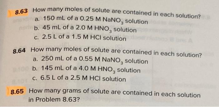 Solved 8.63 How many moles of solute are contained in each | Chegg.com