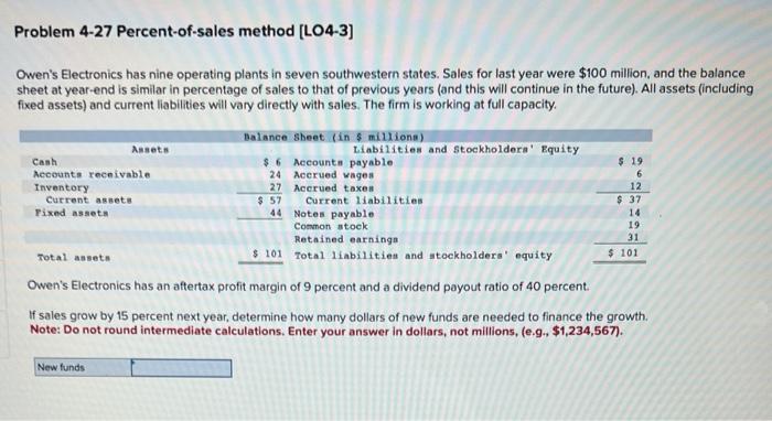 Solved Problem 4-27 Percent-of-sales method [LO4-3] Owen's | Chegg.com