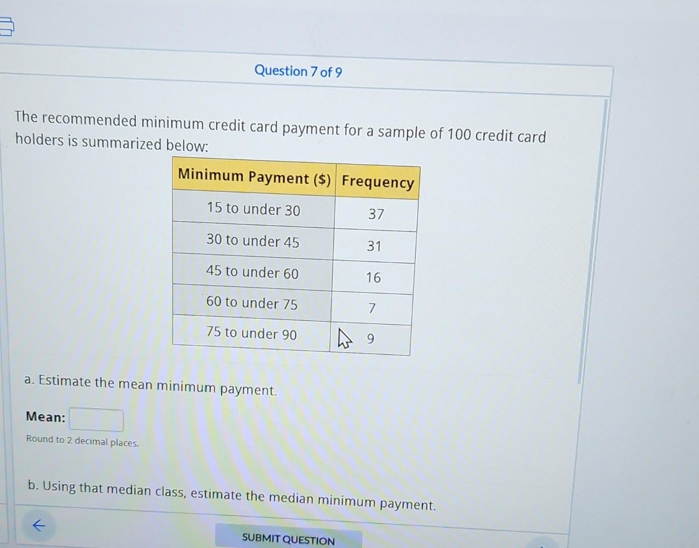 Solved The recommended minimum credit card payment for a | Chegg.com