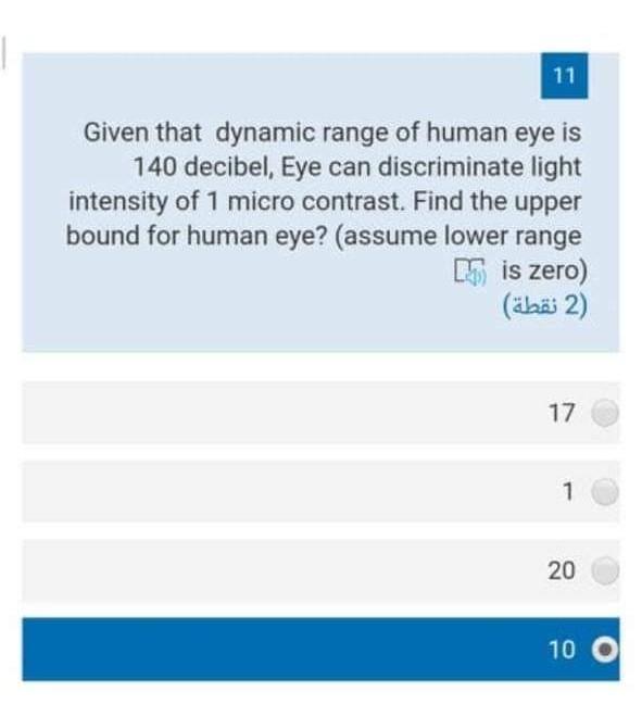 Solved 11 Given that dynamic range of human eye is 140 | Chegg.com
