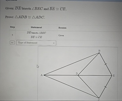 Solved Given: ?bar (DE) ﻿bisects ??BEC ﻿and | Chegg.com