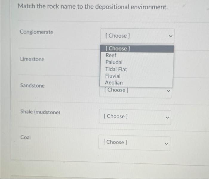Solved Match the rock name to the depositional environment. | Chegg.com