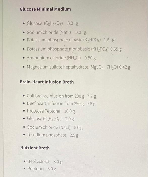Solved Glucose Minimal Medium Glucose (C6H1206) 5.0 g • | Chegg.com