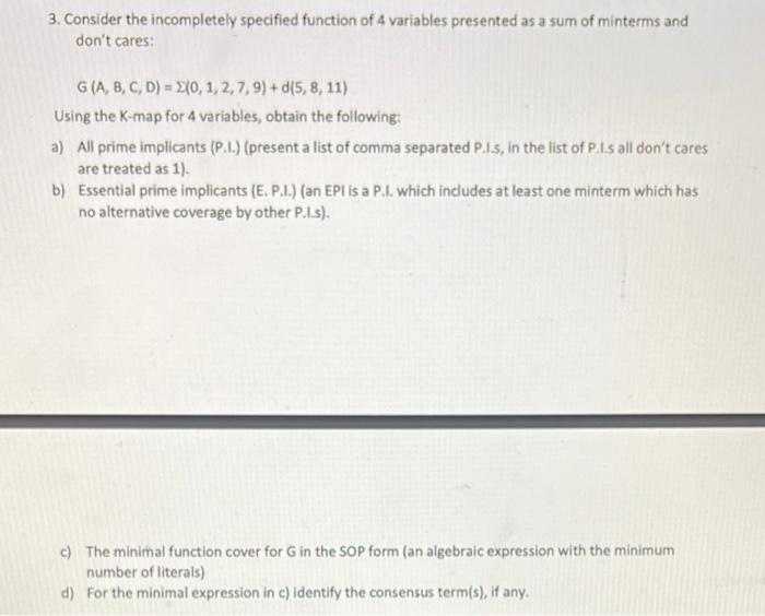 Solved Consider The Incompletely Specified Function Of 4