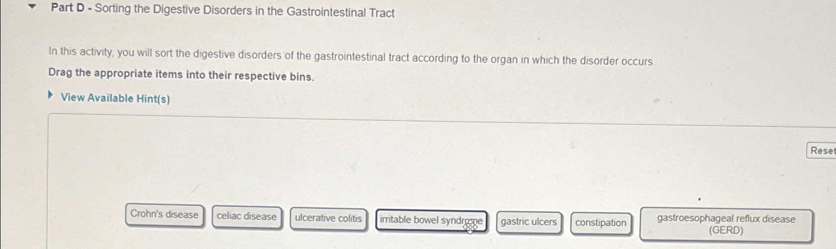 Solved Part D - ﻿Sorting the Digestive Disorders in the | Chegg.com