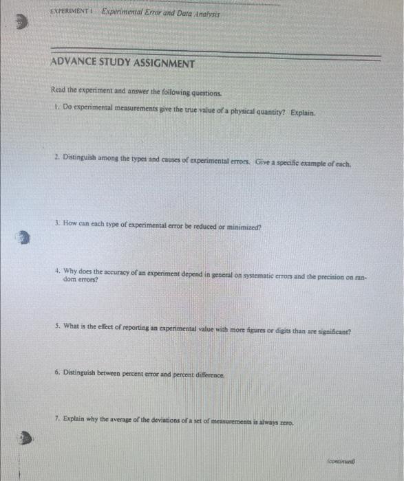 Solved ADVANCE STUDY ASSIGNMENT Read the experiment and | Chegg.com