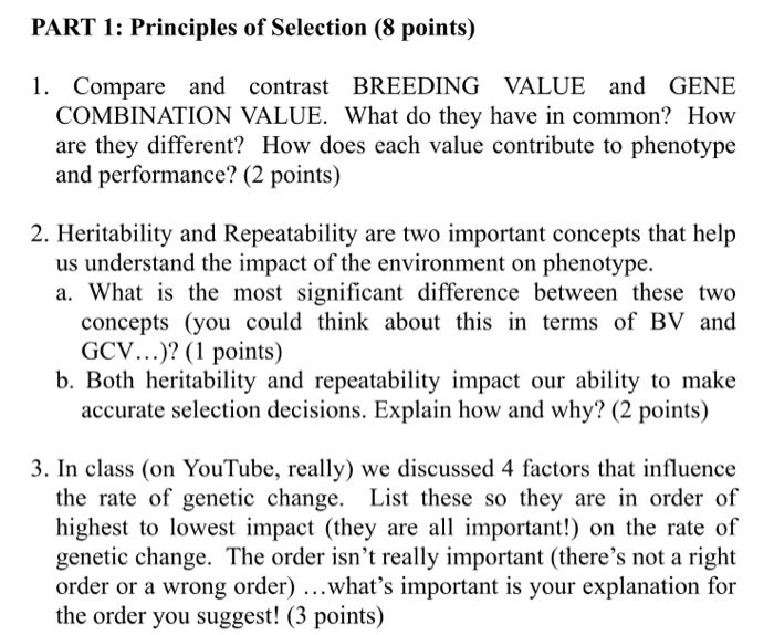 Solved PART 1: Principles of Selection (8 points) 1. Compare | Chegg.com